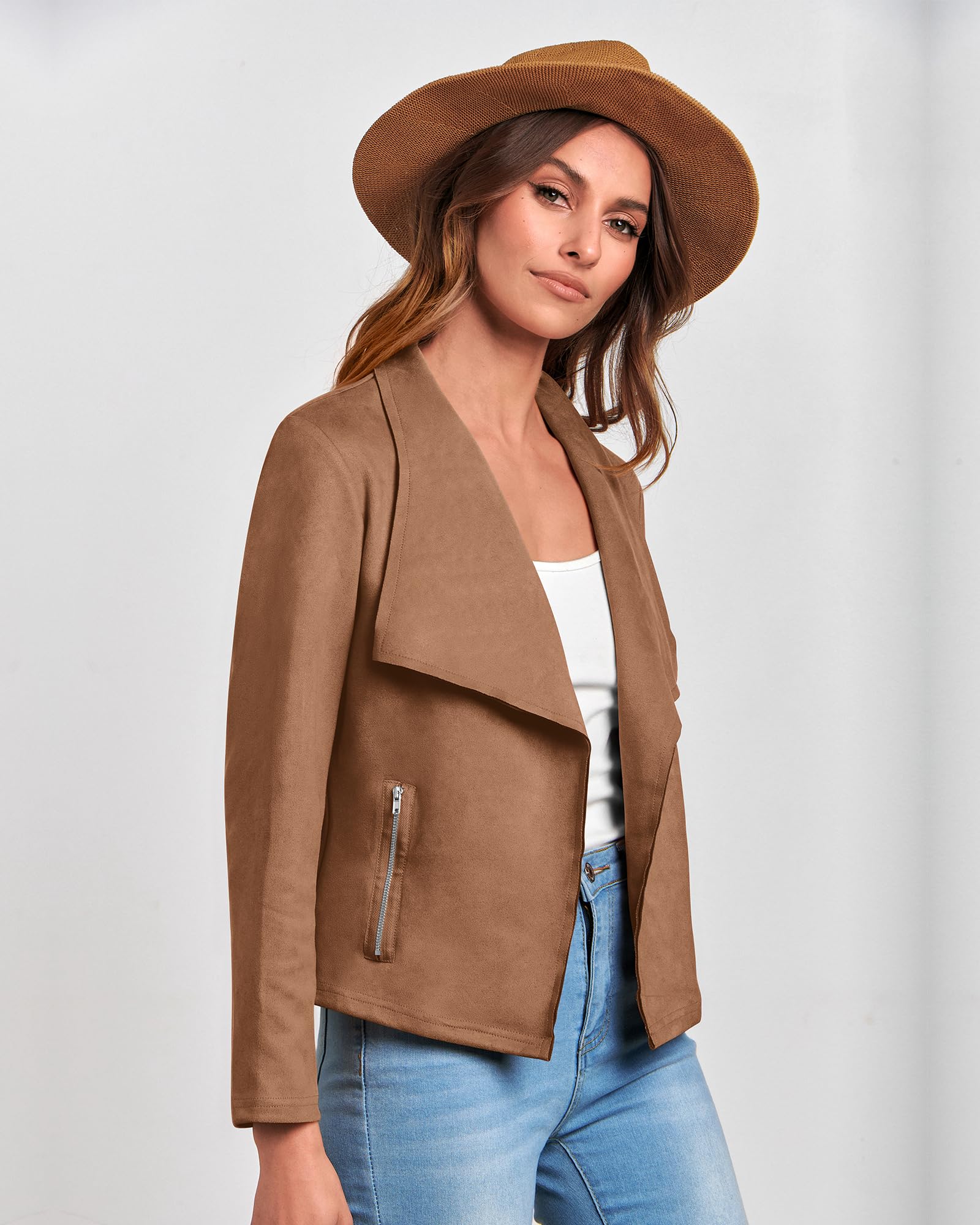 BTFBM Womens Faux Suede Jackets Dressy Spring Summer Clothes 2025 Lapel Long Sleeve Open Front Cropped Outerwear Coats(Solid Camel, Small)