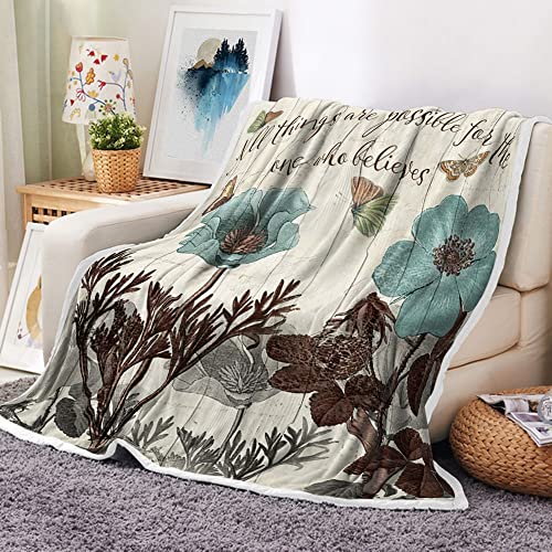 Elegant Teal Tulip Throw Blanket, Rustic Brown and Teal Blankets and Throws for Bed, Vintage Farmhouse Floral Flowers Motivational Quote on Retro Beige Wooden Fleece Flannel Blankets Decor, 50X60in