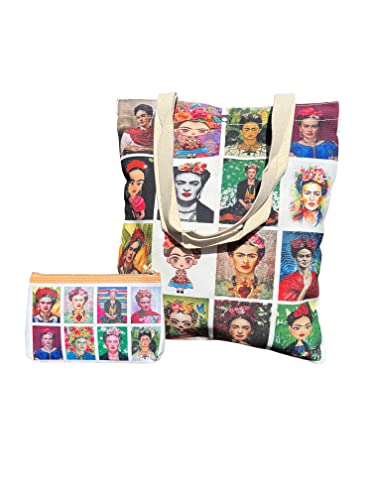 Mexican Artist Frida Inspired Canvas Tote Bag & Matching Accessory Bag - Beautiful Set