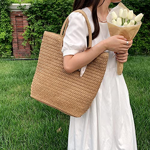 JQWYGB Straw Beach Bag - Straw Purses Handbags for Women Woven Beach Bag Summer Straw Tote Bag for Vacation (Brown)
