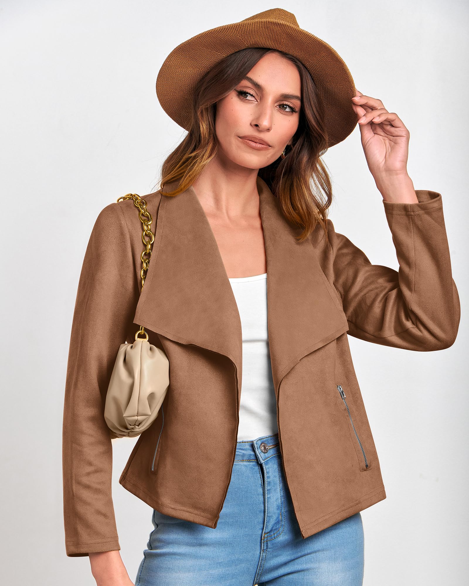 BTFBM Womens Faux Suede Jackets Dressy Spring Summer Clothes 2025 Lapel Long Sleeve Open Front Cropped Outerwear Coats(Solid Camel, Small)