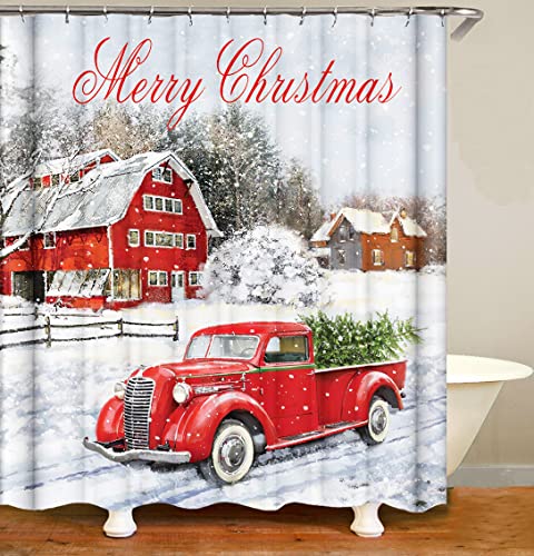 DOLASEV Christmas Shower Curtain, Red Truck Christmas Shower Curtains for Bathroom, Farmhouse Christmas Shower Curtain (Red Truck)