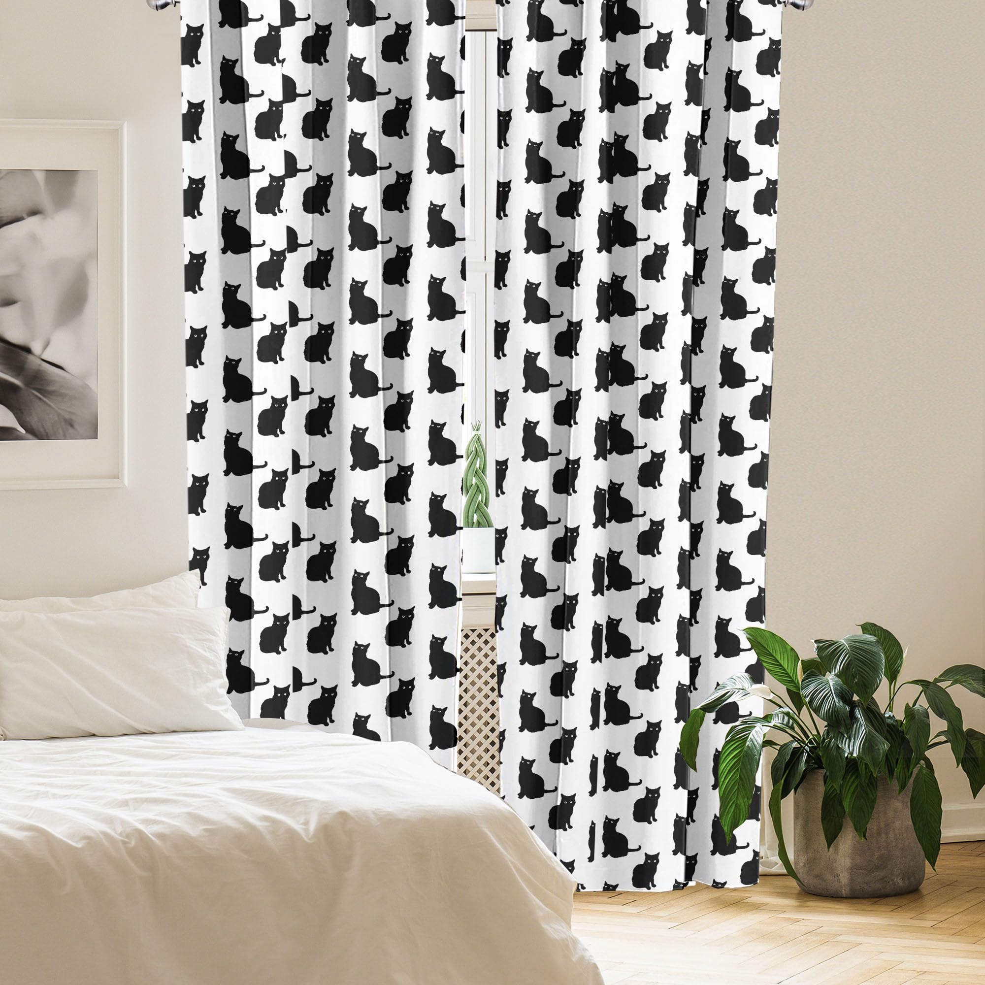Ambesonne Cat Curtains, Black Cat on White Backdrop Playful Friendly Animals Posing Domestic Pets, Window Treatments 2 Panel Set for Living Room Bedroom, Pair of - 28" x 63", Black White