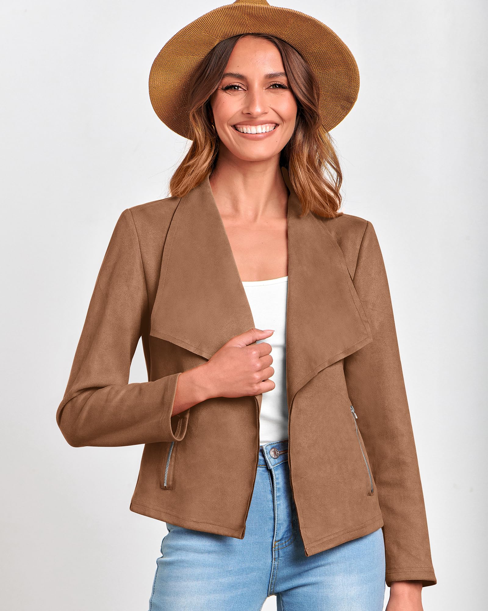 BTFBM Womens Faux Suede Jackets Dressy Spring Summer Clothes 2025 Lapel Long Sleeve Open Front Cropped Outerwear Coats(Solid Camel, Small)