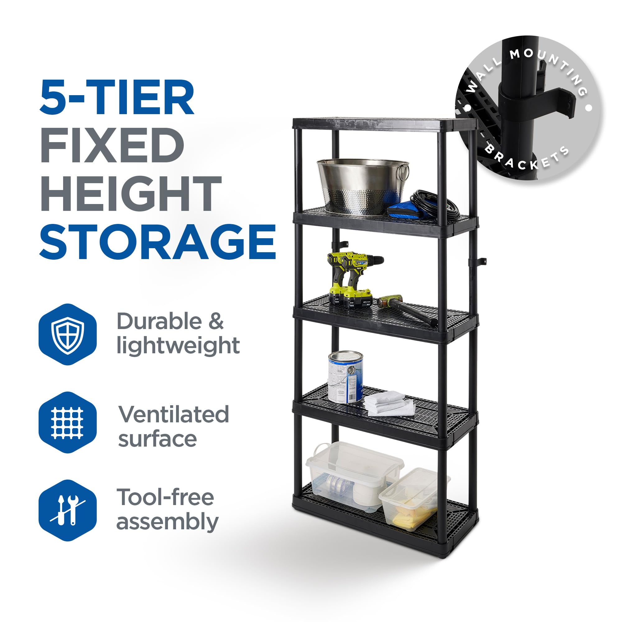 Gracious Living 5 Shelf Fixed Height Ventilated Medium Duty Storage Unit 14 x 32 x 72 Organizer System for Home, Garage, Basement, and Laundry, Black