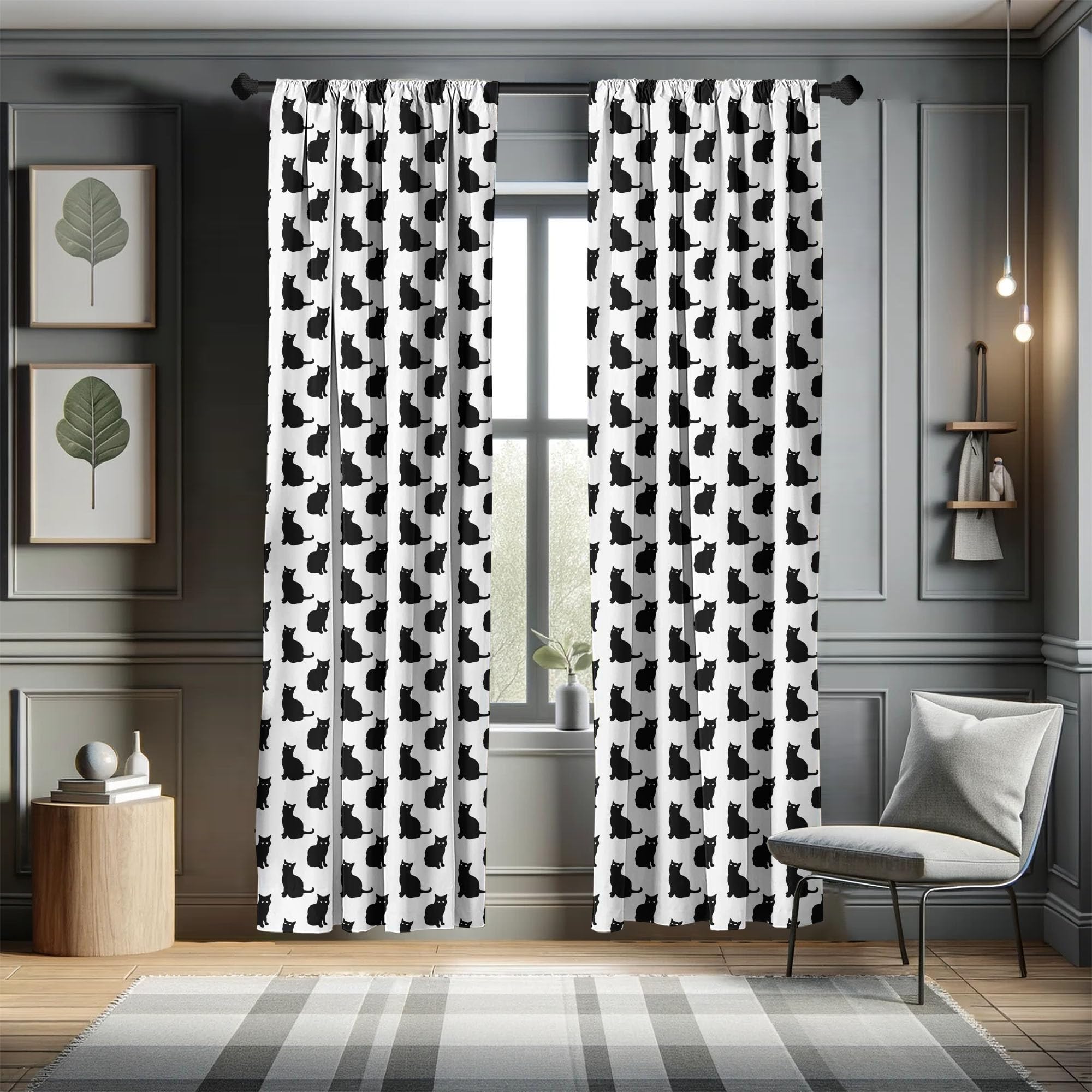 Ambesonne Cat Curtains, Black Cat on White Backdrop Playful Friendly Animals Posing Domestic Pets, Window Treatments 2 Panel Set for Living Room Bedroom, Pair of - 28" x 63", Black White