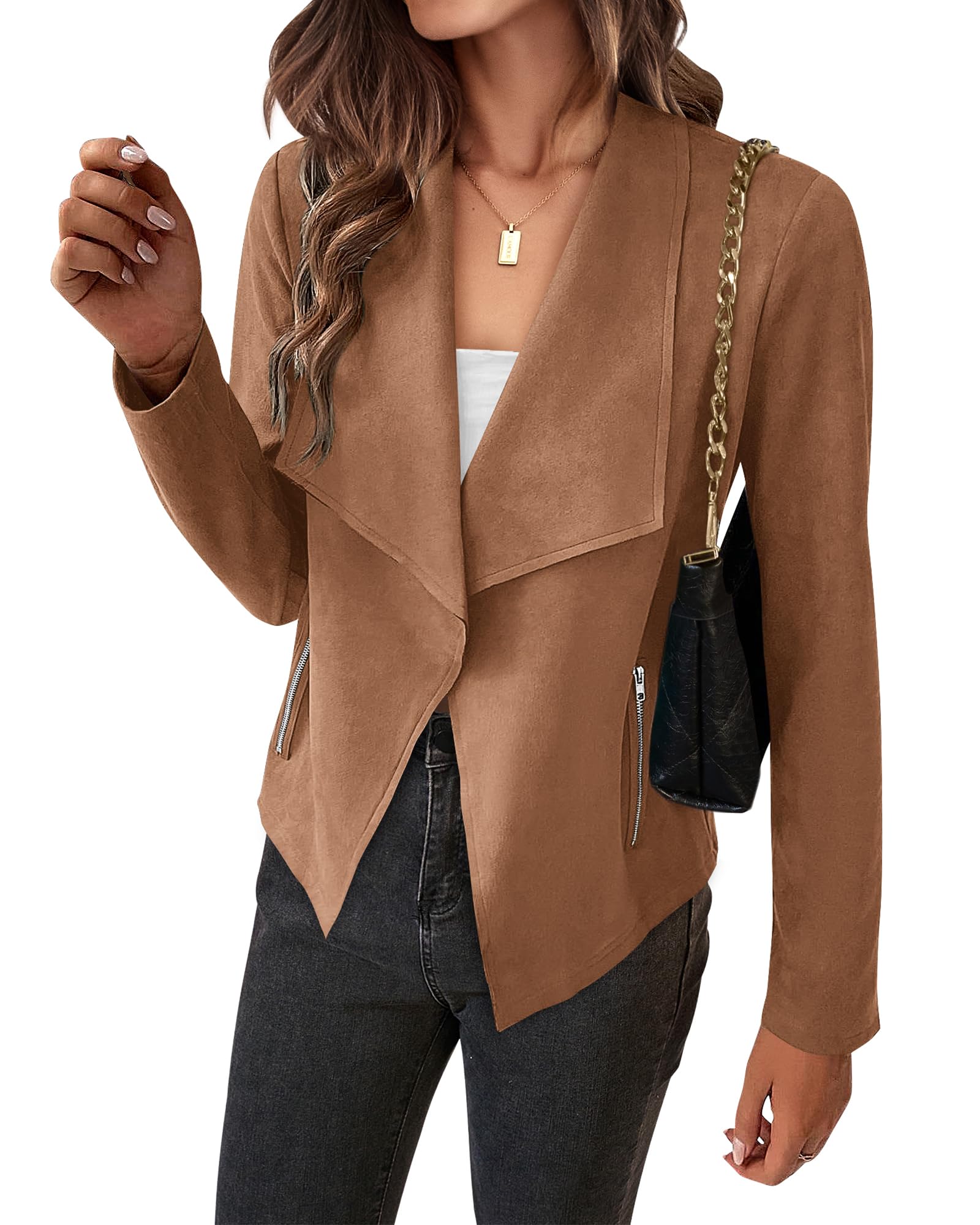 BTFBM Womens Faux Suede Jackets Dressy Spring Summer Clothes 2025 Lapel Long Sleeve Open Front Cropped Outerwear Coats(Solid Camel, Small)