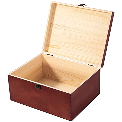 Useekoo Vintage Wooden Storage Box Container with Hinged Lid Front Clasp, 12'' x 9.3'' x 5.9'' Large Keepsake Box, Rustic Wood Boxes for Crafts Art Hobbies and Home Decoration - Reddish Brown
