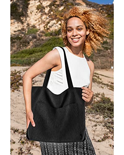 Prite Corduroy Tote Bag for Women Large Shoulder Bag with Zipper and Pockets for College School Work Travel Shopping (Black)