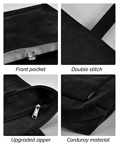 Prite Corduroy Tote Bag for Women Large Shoulder Bag with Zipper and Pockets for College School Work Travel Shopping (Black)