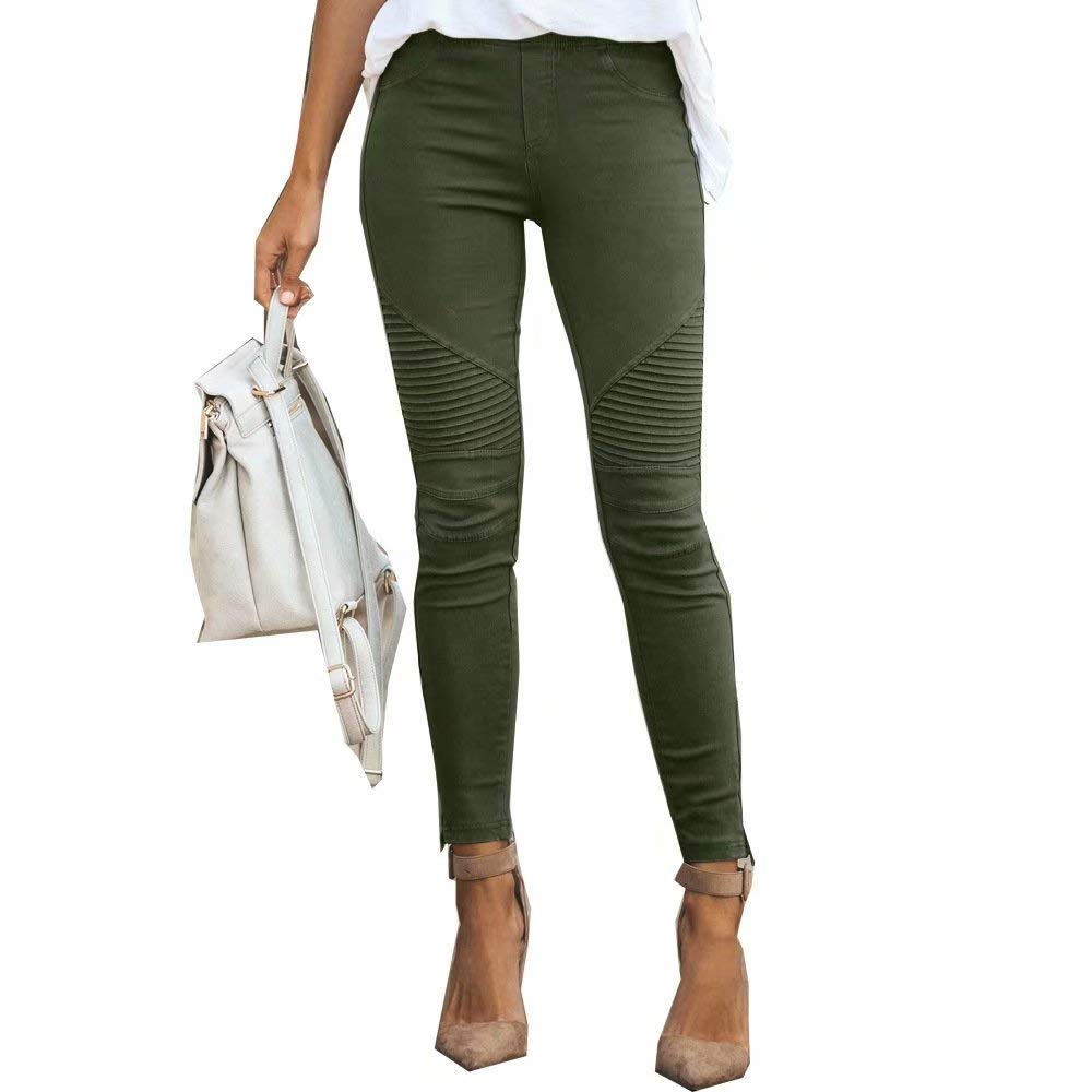 JIURI Womenâs High Waisted Moto Jeggings Solid Skinny Trousers Pencil Full Carpi Leggings Stretchy Slim Pants(AG,M) Army Green