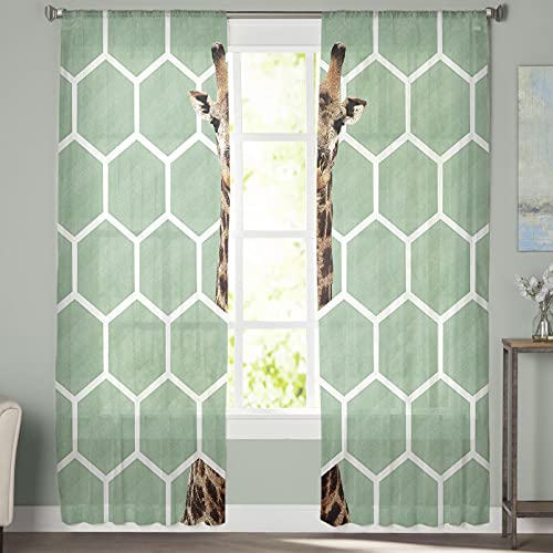 Sheer Curtains 63 Inch Length 2 Panels, High Cold Giraffe Semi Sheer Voile Bedroom Curtains & Drapes, Rod Pocket Window Treatments, Boho Curtains for Living Room Kitchen Backdrop Home Decor, W52xL63