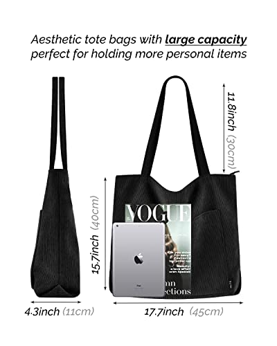 Prite Corduroy Tote Bag for Women Large Shoulder Bag with Zipper and Pockets for College School Work Travel Shopping (Black)