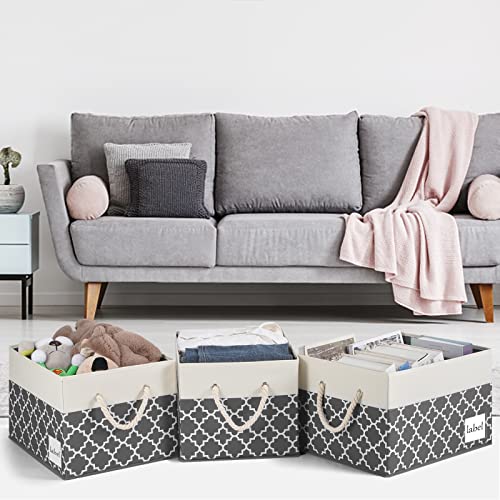 RVSNQ Extra Large Fabric Storage Bins 6-Pack, Foldable Storage Baskets for Organizing, Closet Storage Bins with Cotton Rope Handle and Label, Storage Baskets for Shelves Office (Grey Quatrefoil)