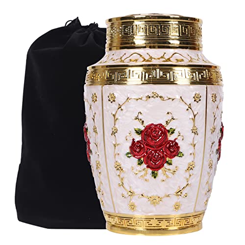 Urn for Human Ashes Adult Female - Rose Flower Cremation Urn Mom - Funeral Urn for Women Made of Zinc Alloy - Hold 200 Cubic inches of Ashes (Gold_Red)