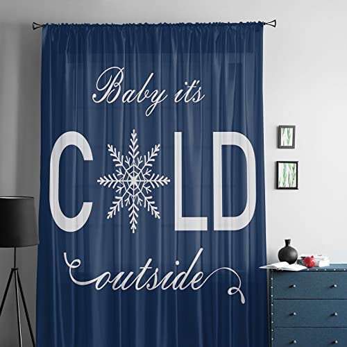 Sheer Curtains Light Filtering Window Curtains 108 inch Length, Christmas Semi Sheer Curtain Voile Drapes for Kitchen/Bedroom/Living Room/Sliding Door 52"x108" Cold Winter Snowflakes Blue Backdrop