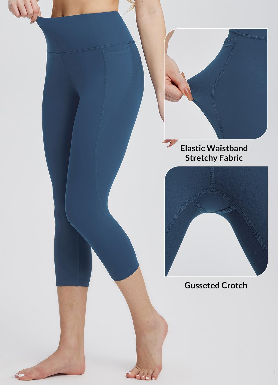 BALEAF Women's Capri Leggings with Pockets Yoga Plus Size High Waisted Workout Running Gym Casual Pants Denim Blue M
