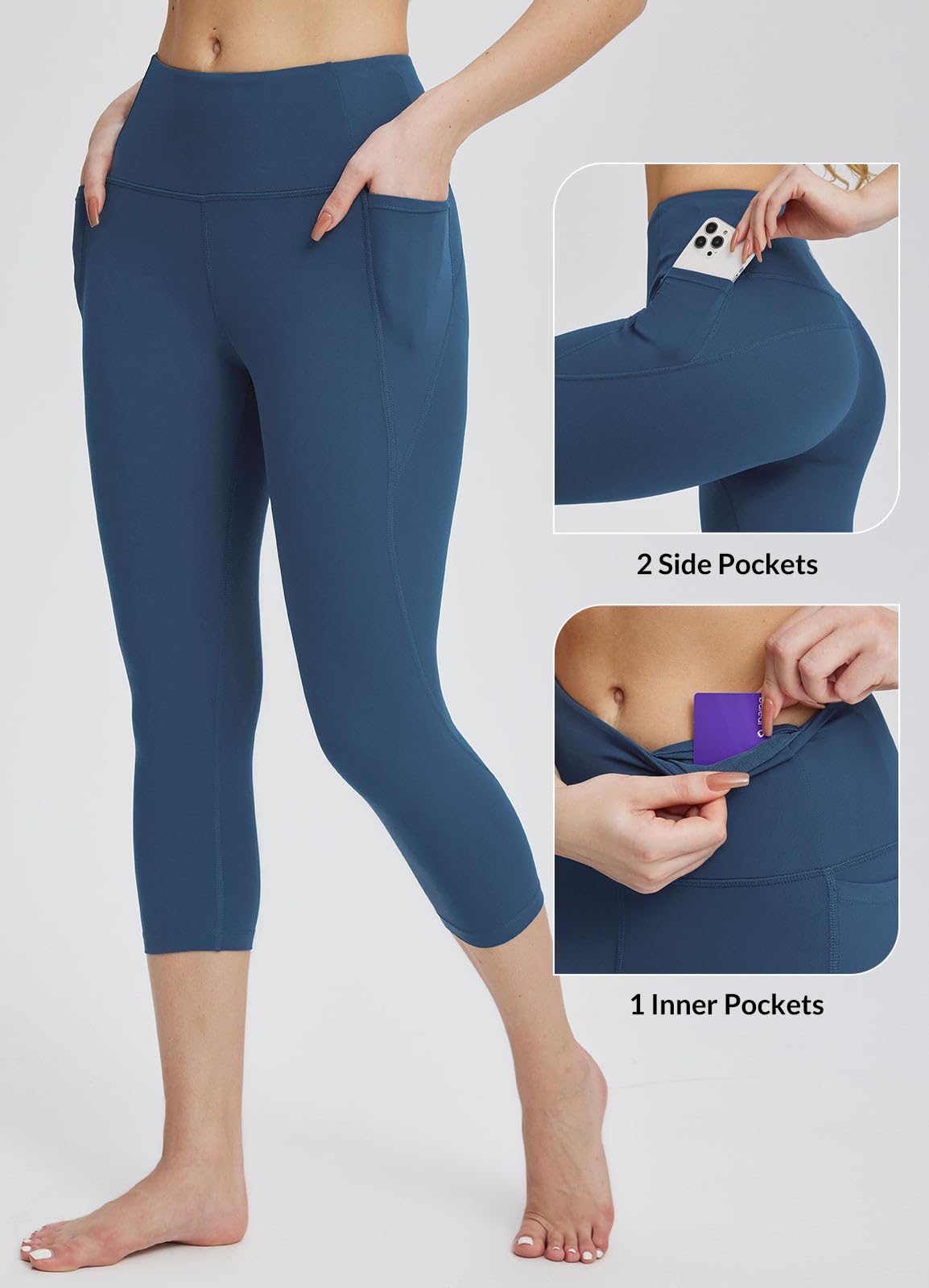BALEAF Women's Capri Leggings with Pockets Yoga Plus Size High Waisted Workout Running Gym Casual Pants Denim Blue M