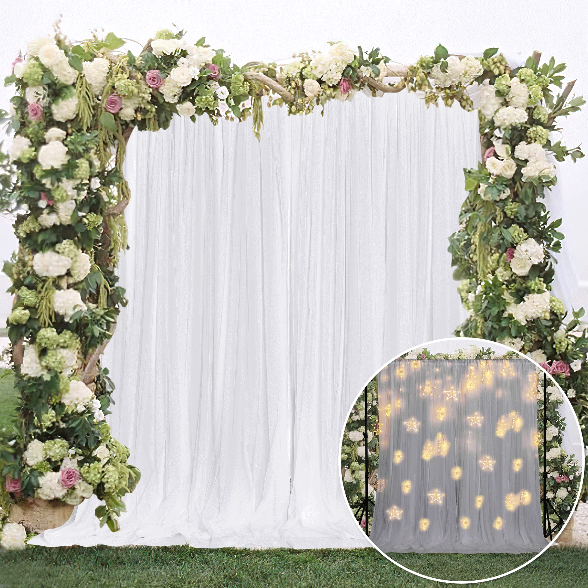 RYB HOME 2Pcs 5Ft x 10Ft White Backdrop Curtains, Non-Reflective Drapes with Sheer Overlay Opaque Backdrops for Wedding Party Stage Home Decoration, Width 60 x Length 120 inch, Set of 2 Panels