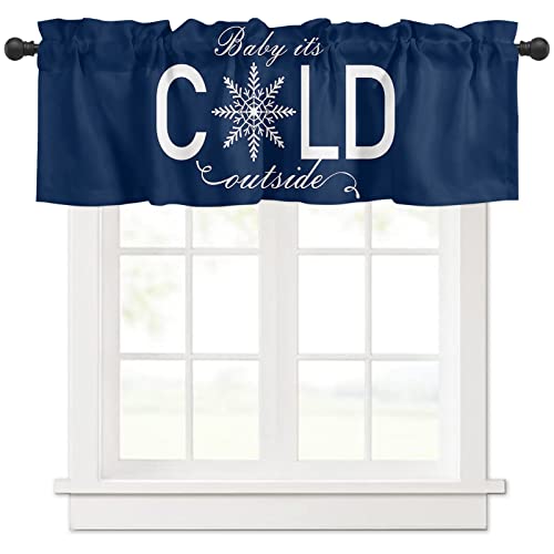Kitchen Curtain Valances for Windows, Christmas Valance Curtains Rod Pocket Window Curtain Bathroom Window Valance for Bedroom 54"x18" Cold Winter Snowflakes Blue Backdrop