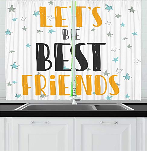 Ambesonne Best Friend Kitchen Curtains, Long Bold Font with Pastel Cold Toned Stars on The Backdrop Let's Be Friends, Window Drapes 2 Panel Set for Kitchen Cafe Decor, 55" x 39", White Orange