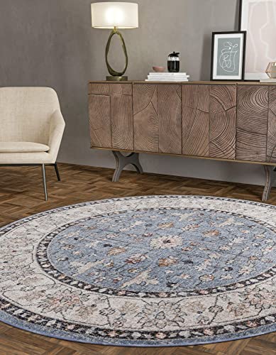 Rugs.com Eco Traditional Collection Rug – 7 Ft Round Harbor Blue Medium Rug Perfect for Kitchens, Dining Rooms