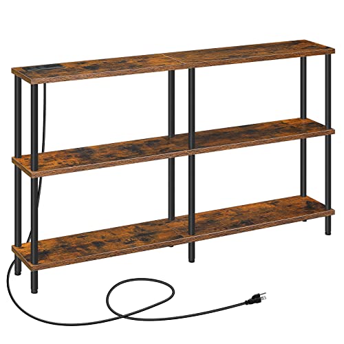 HOOBRO 3-Tier Narrow Console Table with Charging Station, Entryway Table with 2 Power Outlets and 2 USB Ports, Skinny Sofa Hallway Table, for Living Room, Rustic Brown and Black BF143UXG01