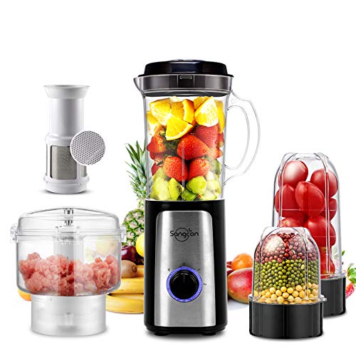 Sangcon Electric Salt and Pepper Grinder Set - Automatic Pepper Mills with LED Light - Battery Operated Salt and Pepper Shakers with Stand & Sangcon 5 in 1 Blender and Food Processor Combo for Kitche