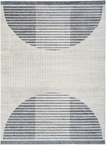 Nourison Astra Machine Washable Geometric Ivory Blue 6'7" x 9' Area -Rug, Easy -Cleaning, Non Shedding, Bed Room, Living Room, Dining Room, Kitchen (7x9)