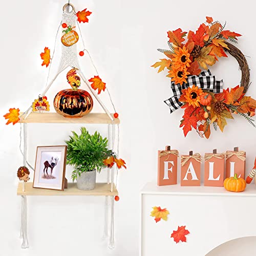 Macrame Wall Hanging Shelf with Fall Maple Leaf Garland Light, Autumn Wood Boho Shelf, Handmade Rope Shelf, Fall Wall Decor, Halloween and Thanksgiving Decorations for Home, Living Room, Bedroom