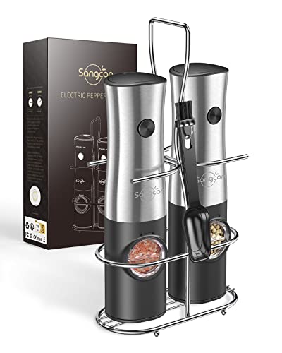 Sangcon Electric Salt and Pepper Grinder Set - Automatic Pepper Mills with LED Light - Battery Operated Salt and Pepper Shakers with Stand & Sangcon 5 in 1 Blender and Food Processor Combo for Kitche