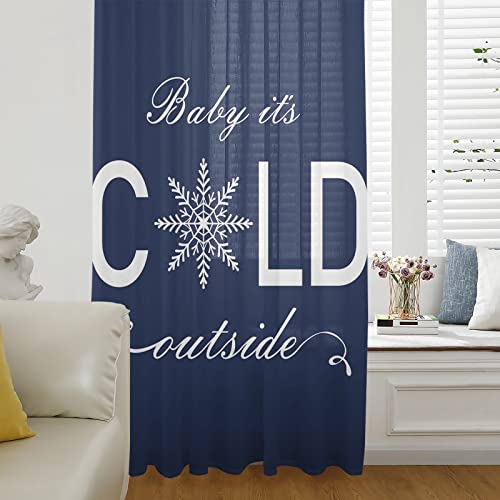 LEOSUCRE Christmas Sheer Curtains 108 Inch Length, Semi Curtain Sheers for Living Room Bedroom Rod Pocket Kitchen Curtain Drapes Window Voile Curtain Panel Cold Winter Snowflakes Blue Backdrop