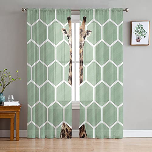 Sheer Curtains 84 Inches Long 2 Panels, High Cold Giraffe Semi Sheer Voile Bedroom Curtains & Drapes, Rod Pocket Window Treatments, Boho Curtains for Living Room Kitchen Backdrop Home Decor, W52xL84