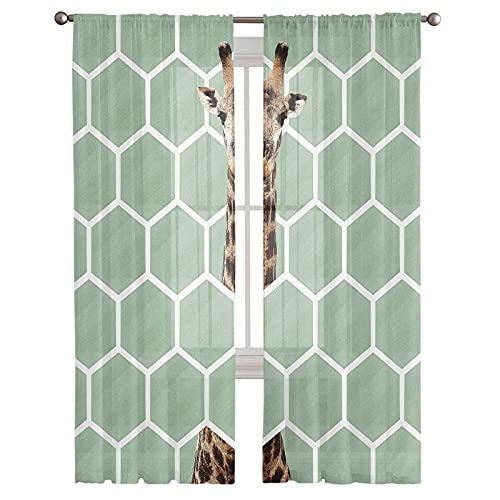 Sheer Curtains 84 Inches Long 2 Panels, High Cold Giraffe Semi Sheer Voile Bedroom Curtains & Drapes, Rod Pocket Window Treatments, Boho Curtains for Living Room Kitchen Backdrop Home Decor, W52xL84