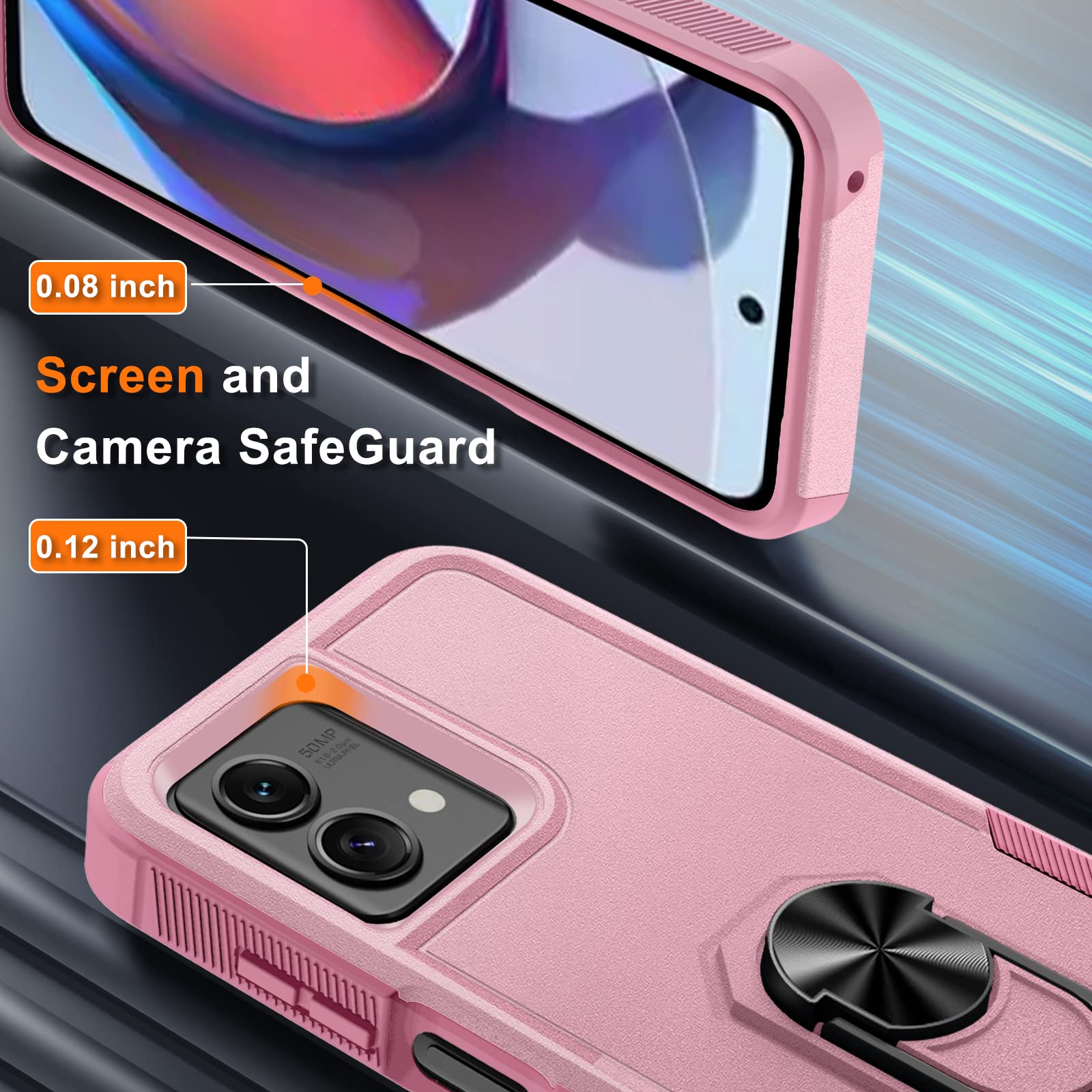 WRJ Compatible with Moto G Stylus 5G 2023 Case with Screen Protector,[Military Grade][Shockproof Protection][Built-in Ring Kickstand] Heavy Duty PC+TPU Dual Layer Case Cover-Girly Pink