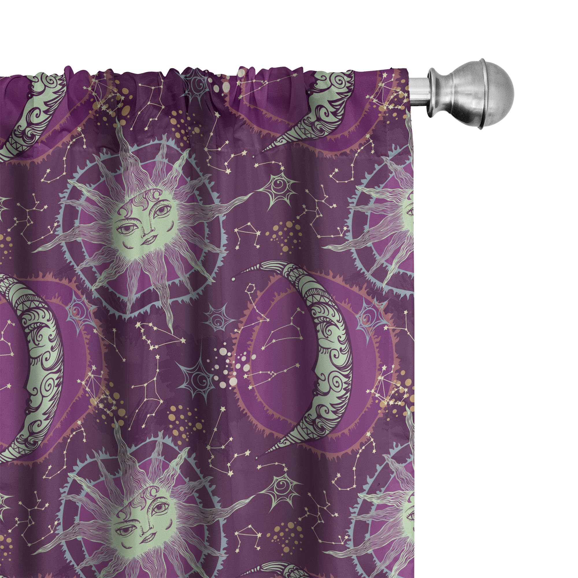 Lunarable Sun and Moon Window Curtains, Celestial Fantasy Composition with Constellations on Purple Backdrop, Lightweight Decor 2-Panel Set with Rod Pocket, Pair of - 28" x 63", Multicolor