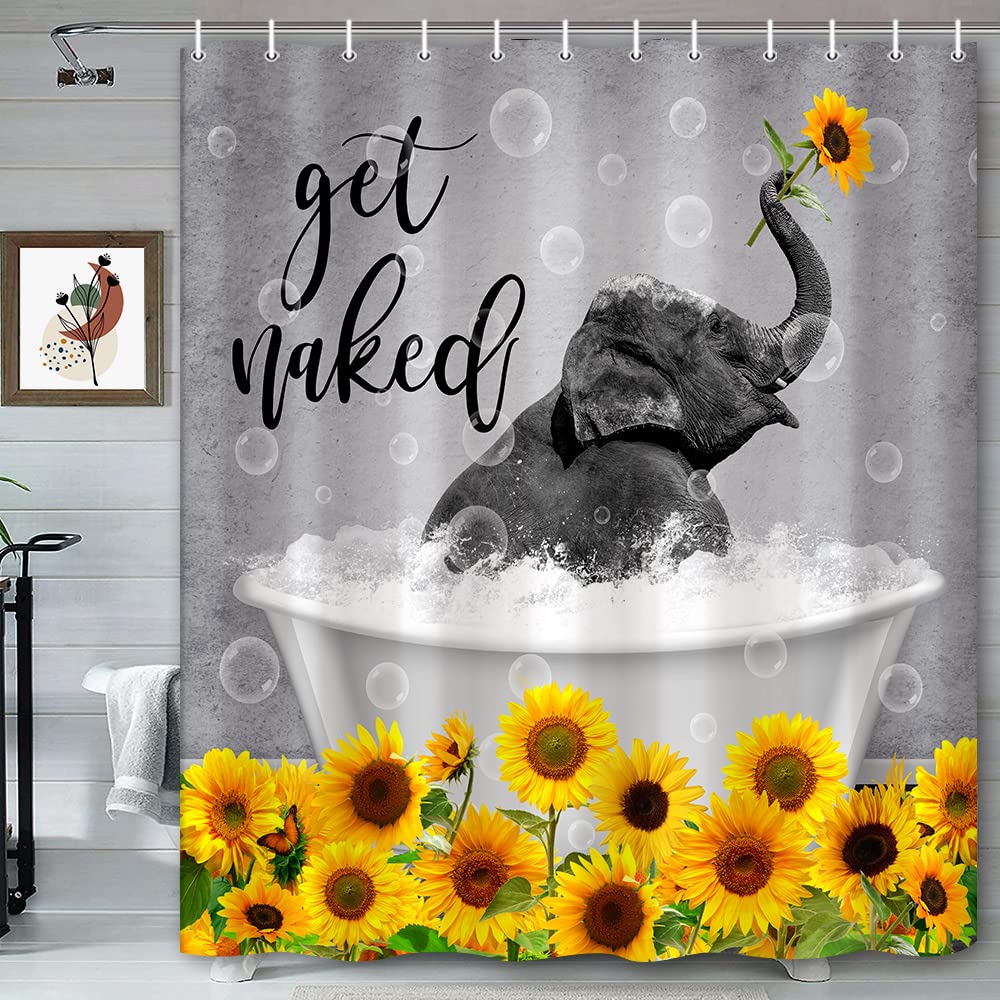 Drgilau Funny Elephant Get Naked Shower Curtain Sets, Cute Animal Elephant with Sunflowers Grey Backdrop Bathroom Decor Bathtub Curtains, Waterproof Fabric Shower Curtains with Hooks