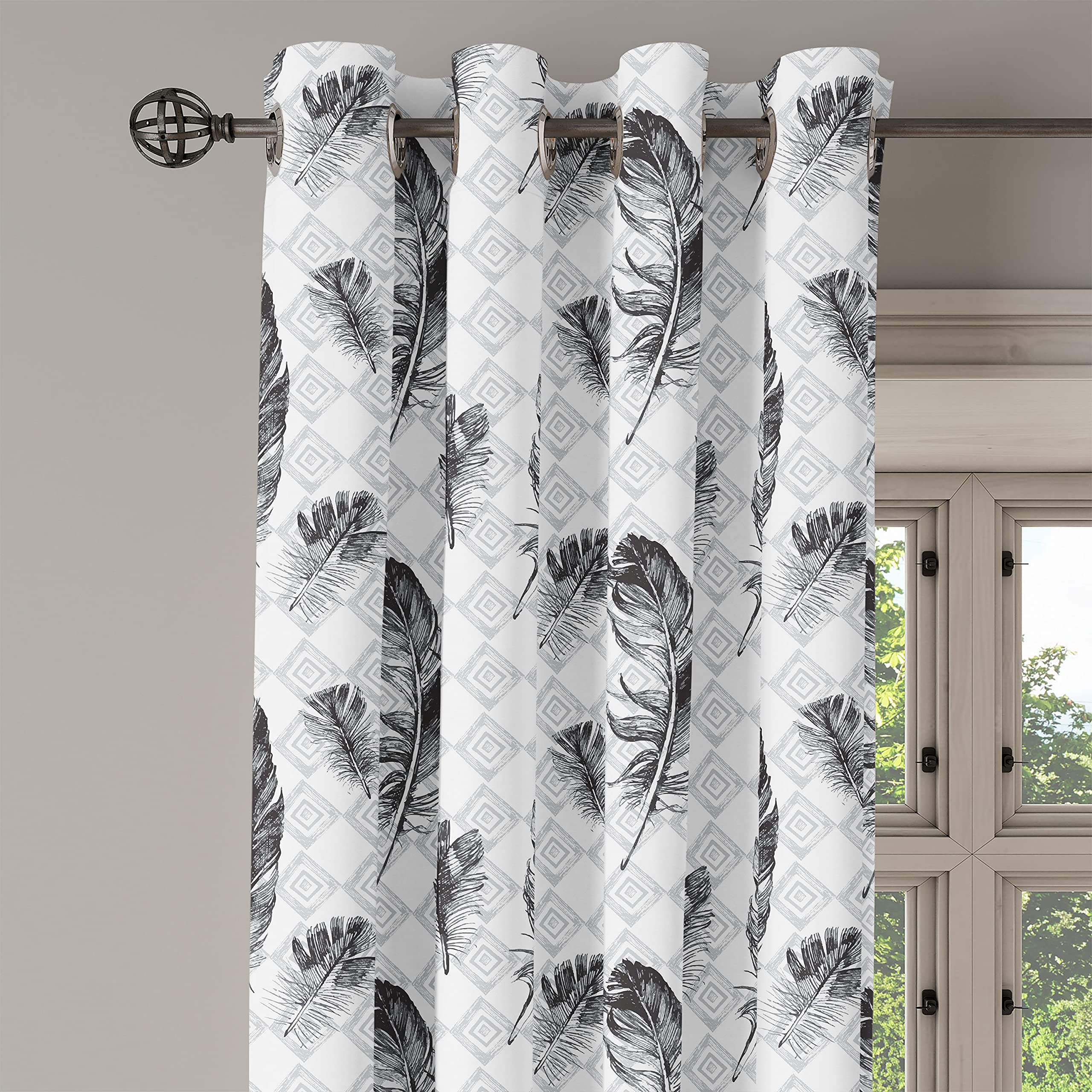 Ambesonne Feather Grommet Curtain, Faded Geometric Backdrop Nested Squares Mosaic Pattern Fluffy Wings Fly, Decorative 2-Panel Window Drapes for Bedroom Living Room, 50" x 84", Black White Pale Grey
