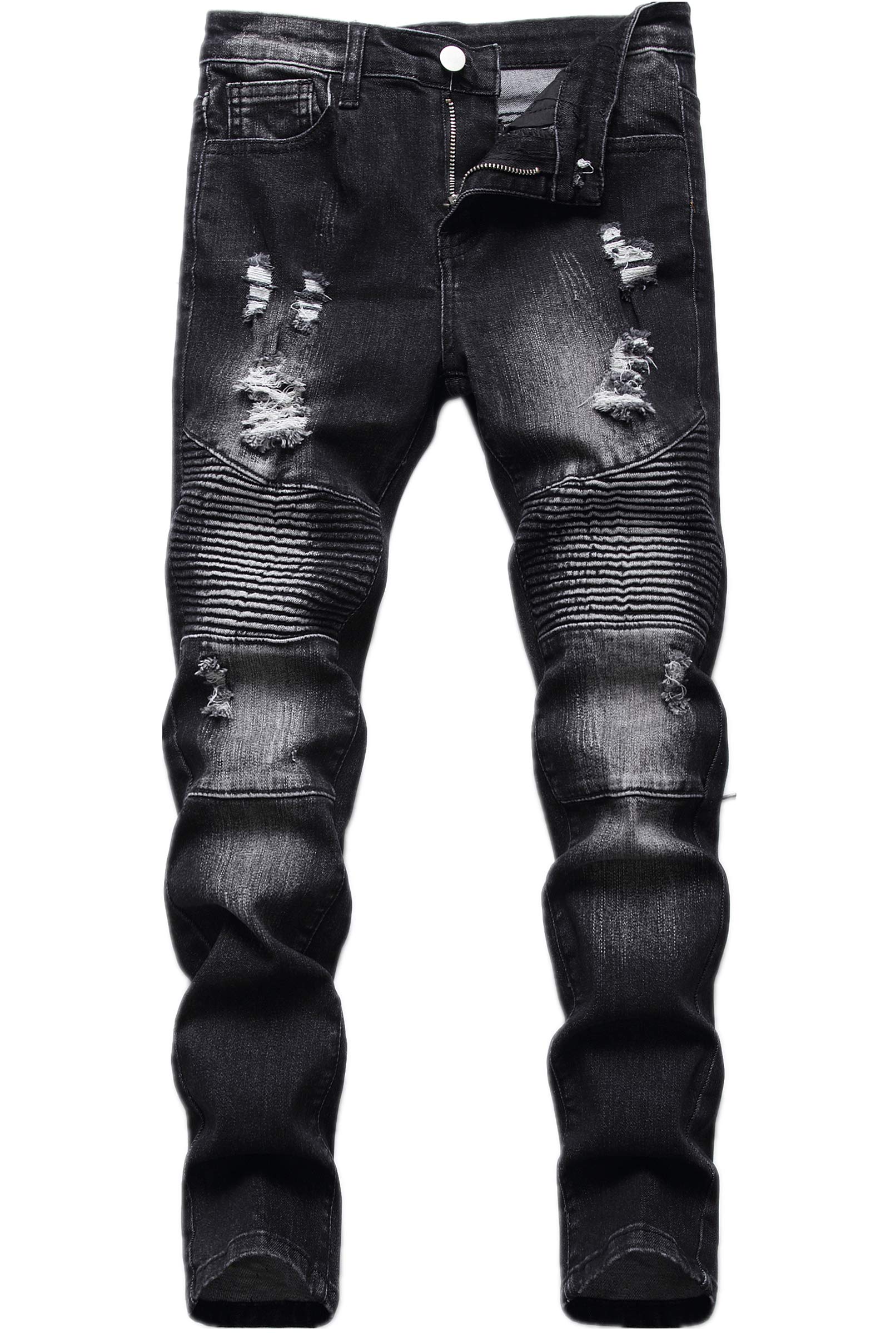 Boy's Skinny Fit Ripped Destroyed Distressed Stretch Fashion Biker Moto Denim Jeans Pants,BlackL0081,16