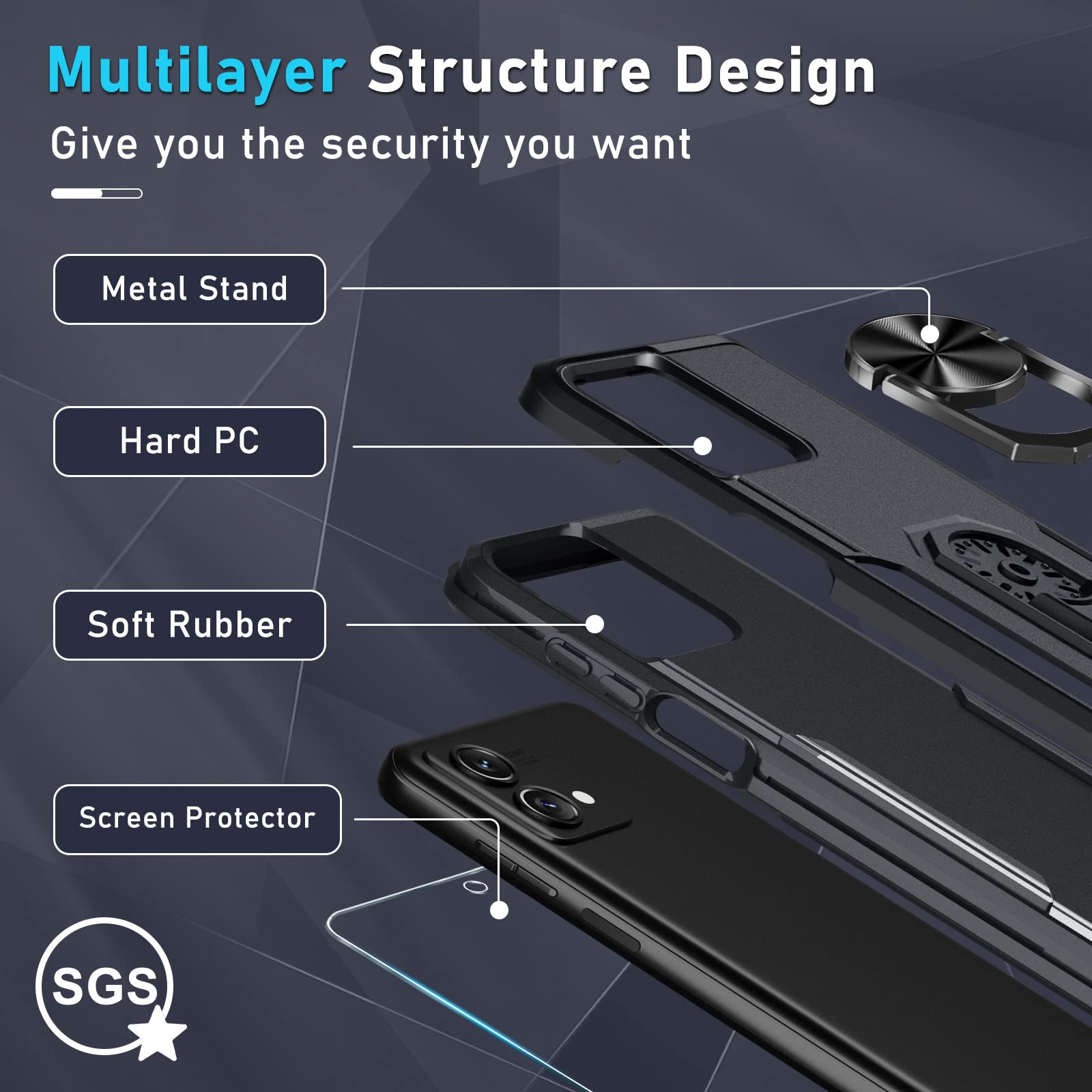 Janmitta Compatible with Moto G Stylus 5G 2023 Case with Screen Protector,Heavy Duty Shockproof Full Body Phone Cover Built in Metal Ring Holder Kickstand,Black Matte