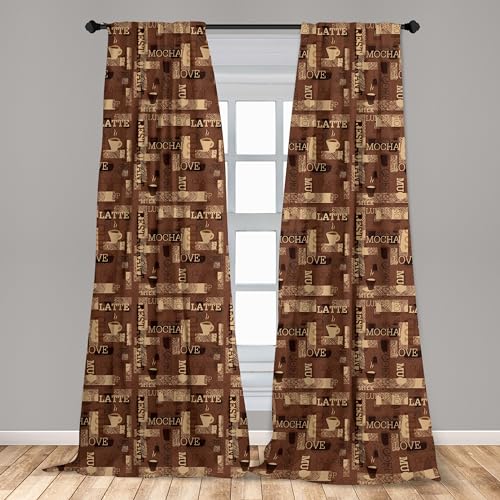 Ambesonne Coffee Window Curtains, Cafeteria Pattern with Hot Mocha Latte Milk Love Typography on Scribble Backdrop, Lightweight Decor 2-Panel Set with Rod Pocket, Pair of - 28" x 63", Beige Brown