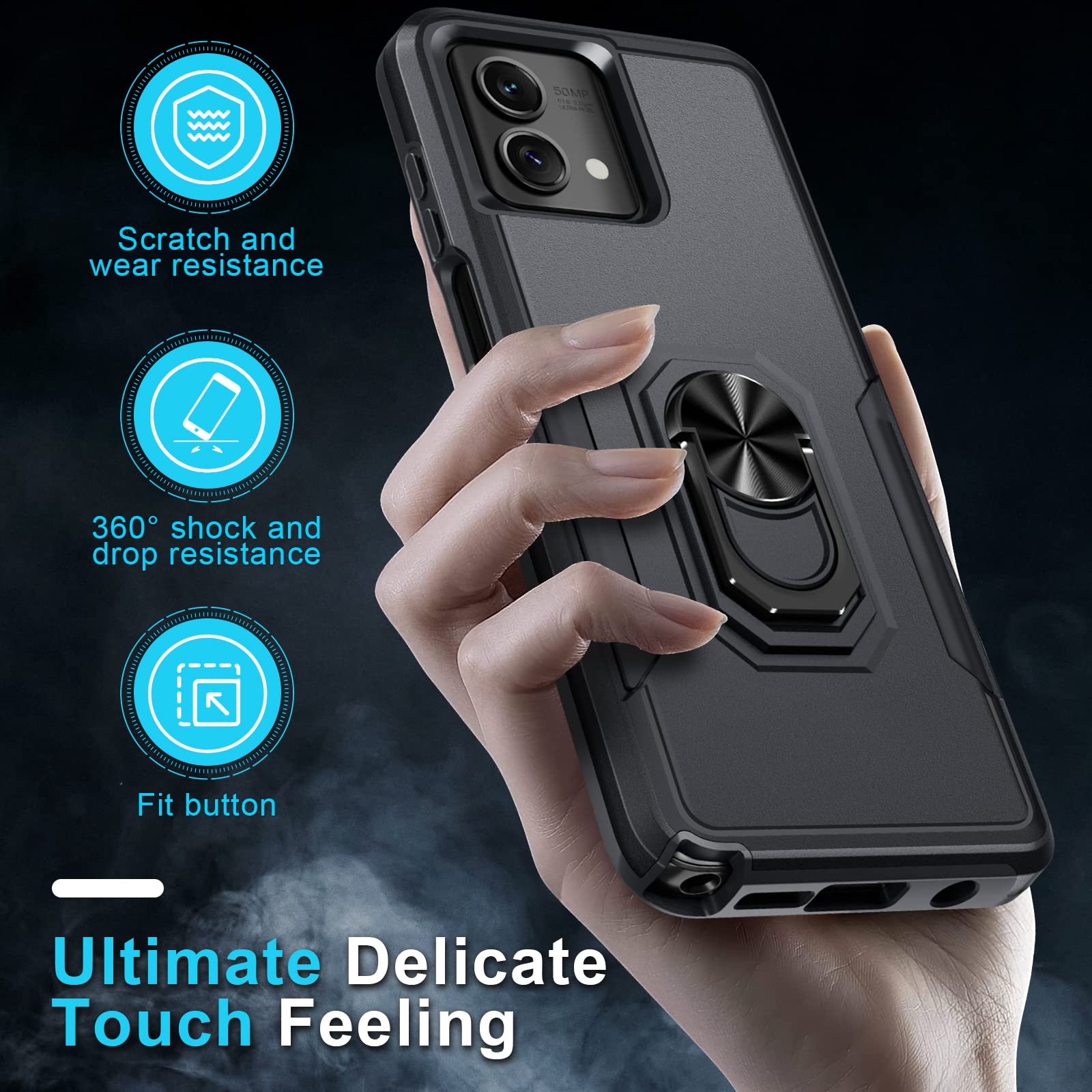 Janmitta Compatible with Moto G Stylus 5G 2023 Case with Screen Protector,Heavy Duty Shockproof Full Body Phone Cover Built in Metal Ring Holder Kickstand,Black Matte