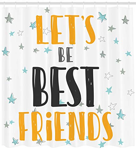 Ambesonne Best Friend Shower Curtain, Long Bold Font with Pastel Cold Toned Stars on The Backdrop Let's Be Friends, Cloth Fabric Bathroom Decor Set with Hooks, 69" W x 75" L, White Orange