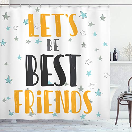 Ambesonne Best Friend Shower Curtain, Long Bold Font with Pastel Cold Toned Stars on The Backdrop Let's Be Friends, Cloth Fabric Bathroom Decor Set with Hooks, 69" W x 75" L, White Orange