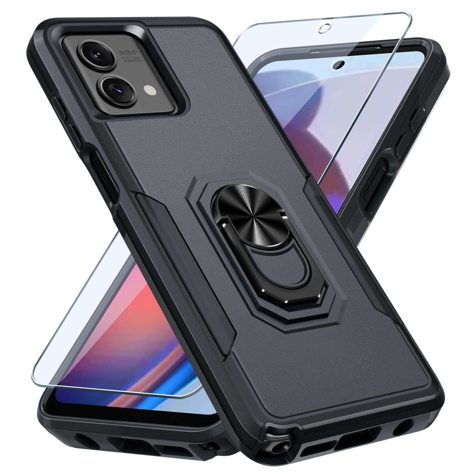 Janmitta Compatible with Moto G Stylus 5G 2023 Case with Screen Protector,Heavy Duty Shockproof Full Body Phone Cover Built in Metal Ring Holder Kickstand,Black Matte