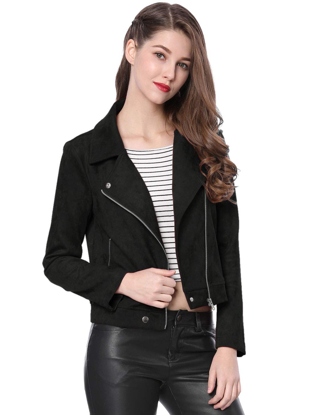 Allegra K Women Short Soft Zip Up Faux Suede Biker Moto Jacket X-Large Black