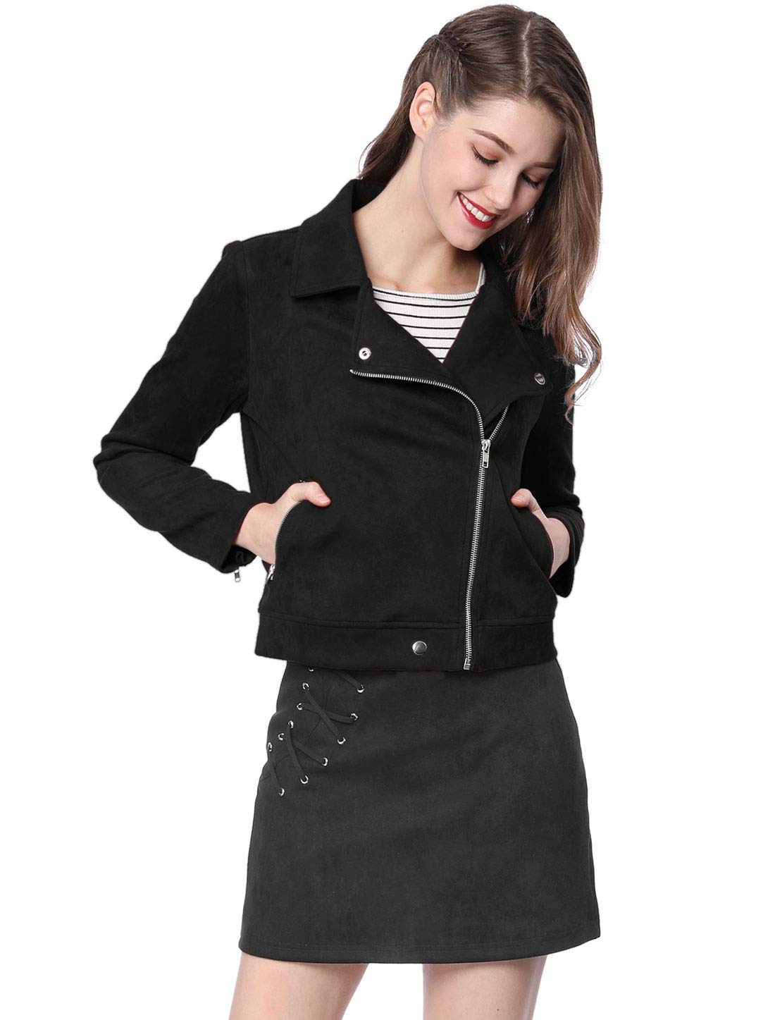 Allegra K Women Short Soft Zip Up Faux Suede Biker Moto Jacket X-Large Black