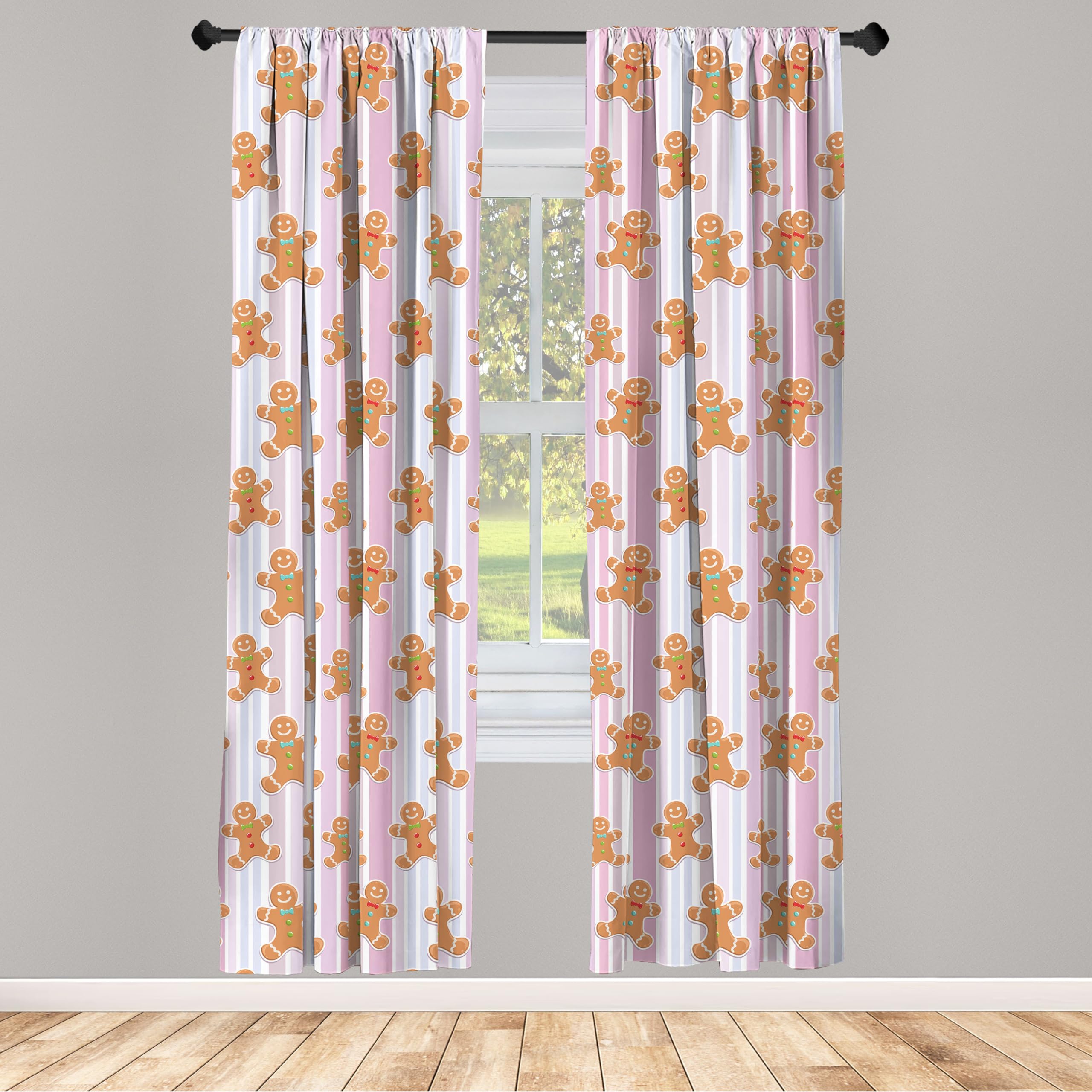 Ambesonne Gingerbread Man Curtains, Pattern with Pastel Colored Striped Backdrop Bakery Xmas Goodies, Window Treatments 2 Panel Set for Living Room Bedroom, Pair of - 28" x 84", Brown Pink