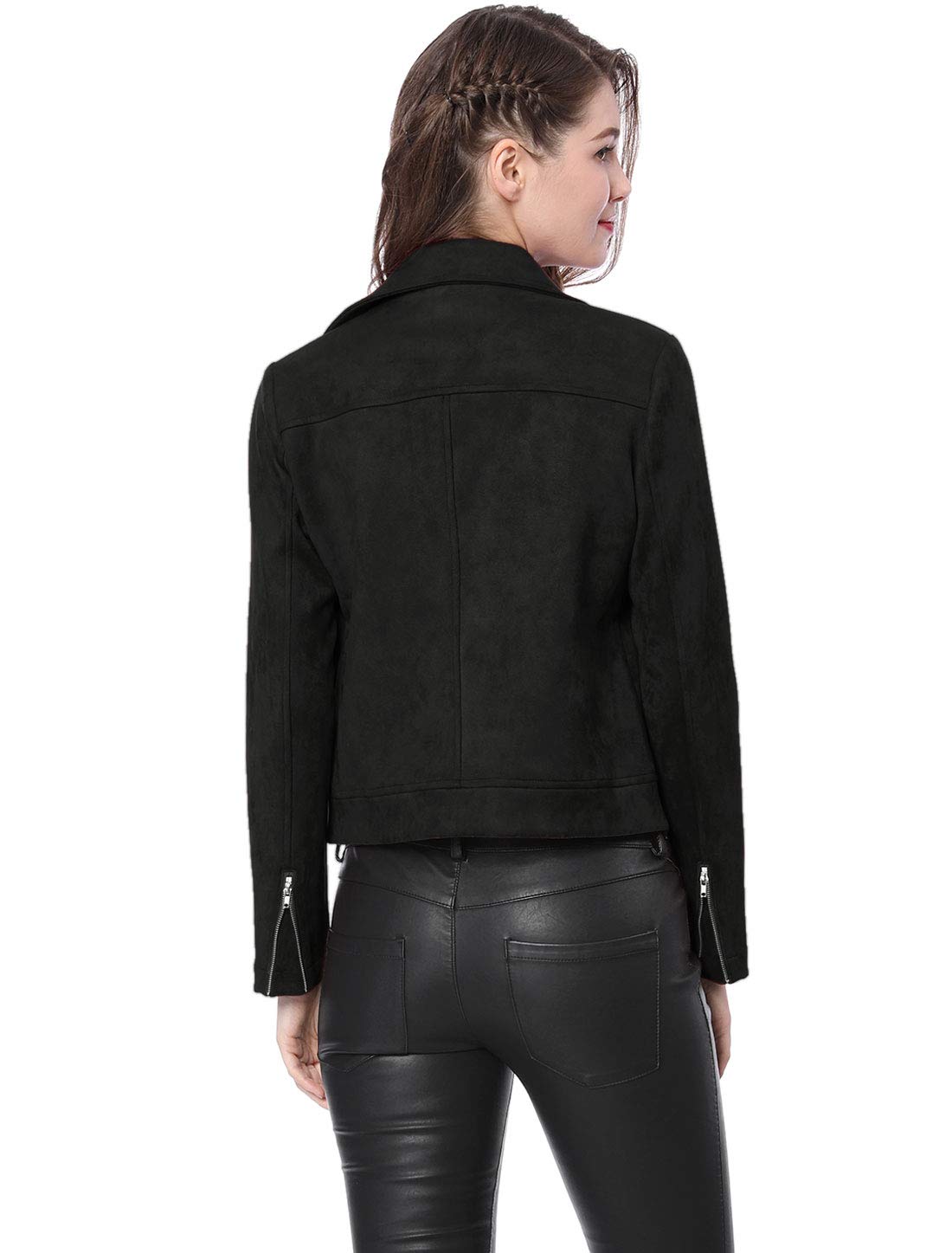 Allegra K Women Short Soft Zip Up Faux Suede Biker Moto Jacket X-Large Black