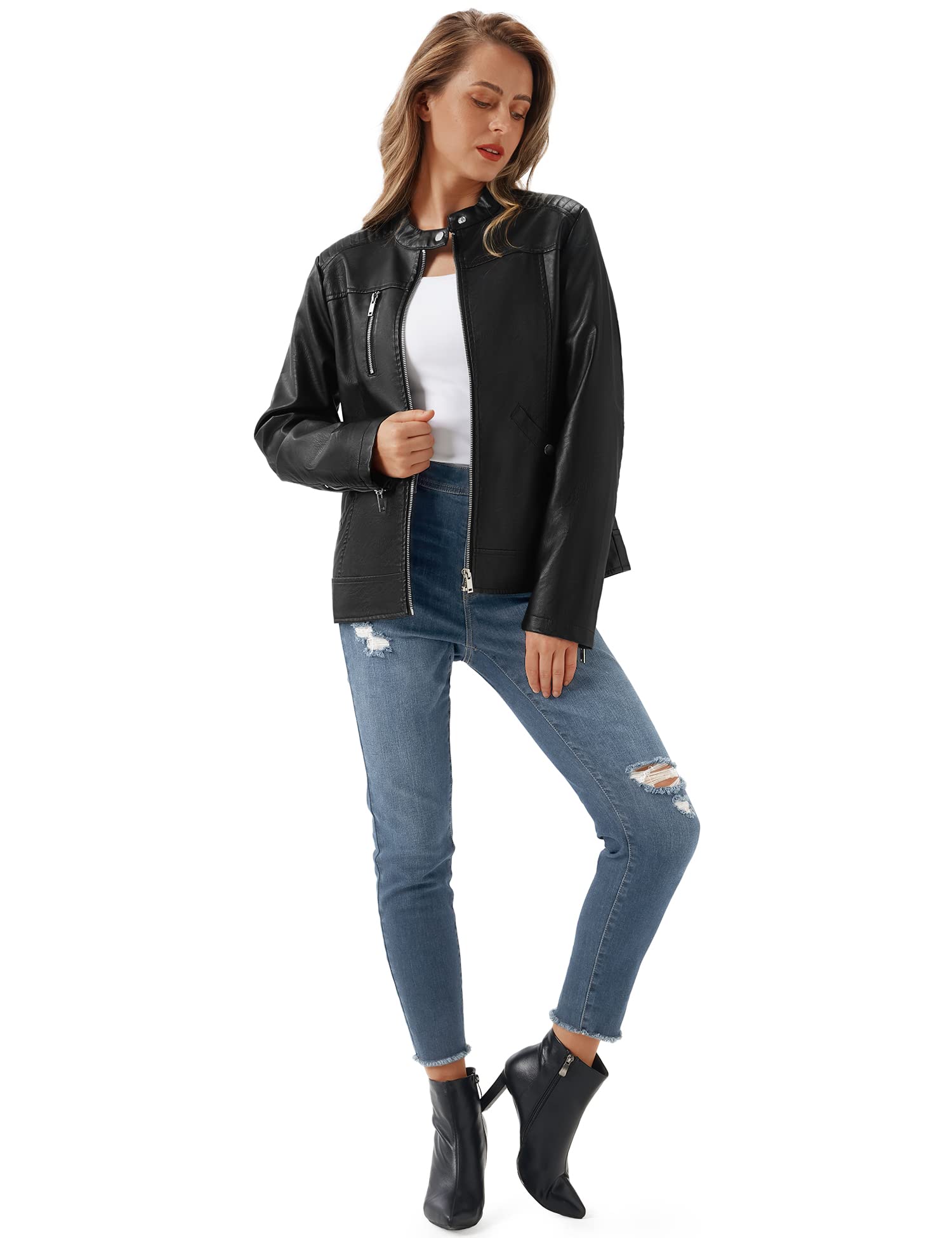URBEST Women's Faux Leather Jacket Black Motorcycle Moto Biker Short Coat